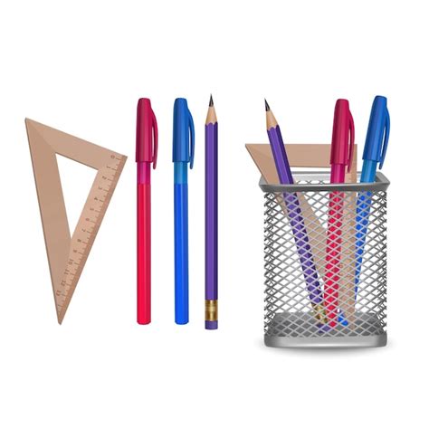Premium Vector Realistic Simple Pencil Ruler Red And Blue Pens