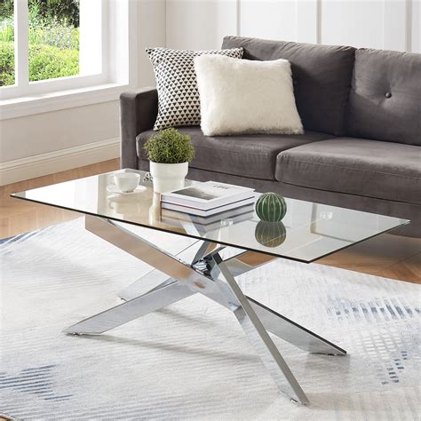 Rectangle Modern Coffee Table Tempered Glass Top And Metal Tubular Leg