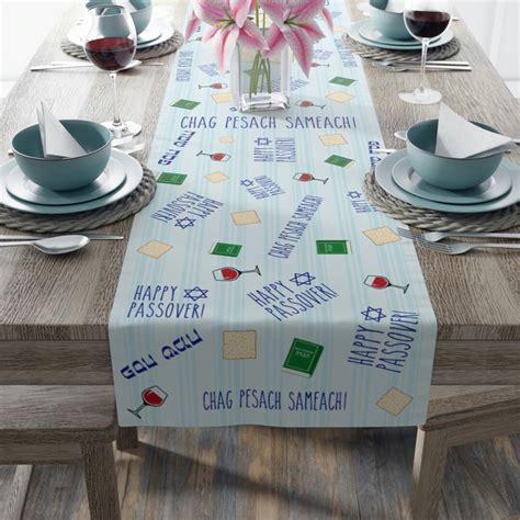 Happy Passover Table Runner For Pesach Seder With Matzo Wine Hebrew Jewish Stars And