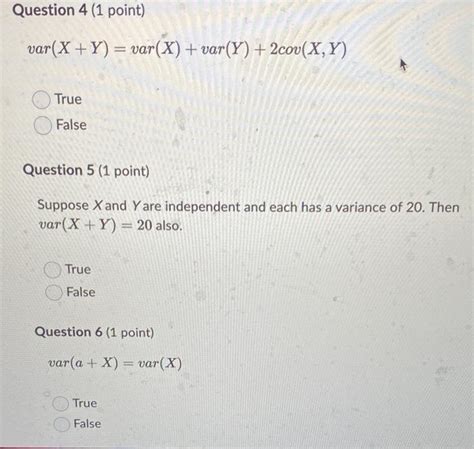 solved var x y var x var y 2cov x y true false question