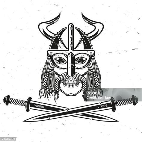 교차된 전투 검을 가진 해골 바이킹 벡터 일러스트 레이 션입니다 바이킹 엠블럼 라벨 및 로고용 모노크롬 스타일 Viking Mission에 대한 스톡 벡터 아트 및 기타