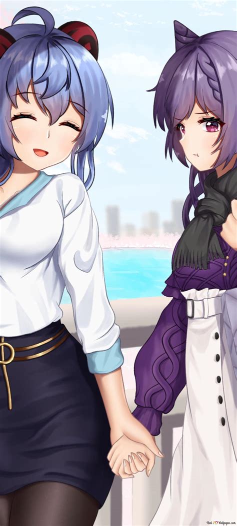 Ganyu Keqing Together Walking Under Cherry Tree Genshin Impact K Wallpaper Download