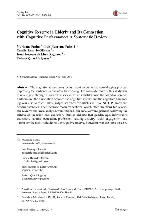 PDF Cognitive Reserve In Elderly And Its Connection With Cognitive Performance A Systematic