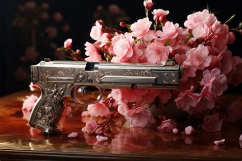 Premium Photo Gun On The Table With Flower
