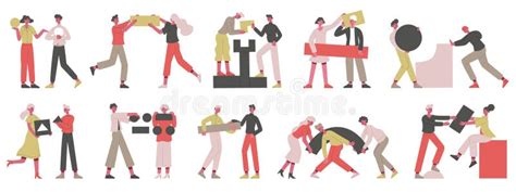 Teamwork Business Concept People With Abstract Geometric Shapes Business Coworkers Collecting