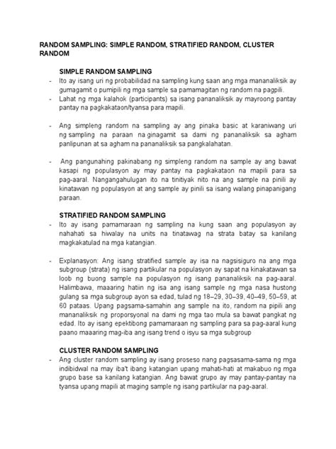 Random Sampling Simple Random Stratified Random Cluster Random Pdf