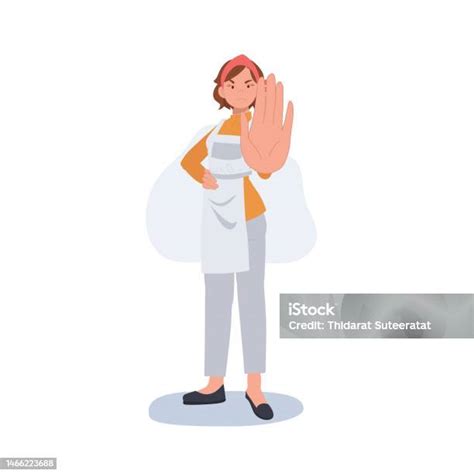 전문 클리너 사람들은 No 중지 금지 된 손 표시를하는 가정부로 일하는 여성의 성격 평면 벡터 그림 가사 집안일에 대한 스톡 벡터 아트 및 기타 이미지 Istock