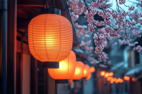 Japanese Lanterns Illuminating Cherry Blossom Street At Night Stock