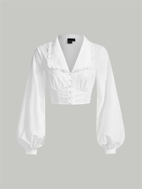 Branco elegante Collar Manga Comprida Poliéster Simples Camisa Embellished Não elástico Tops