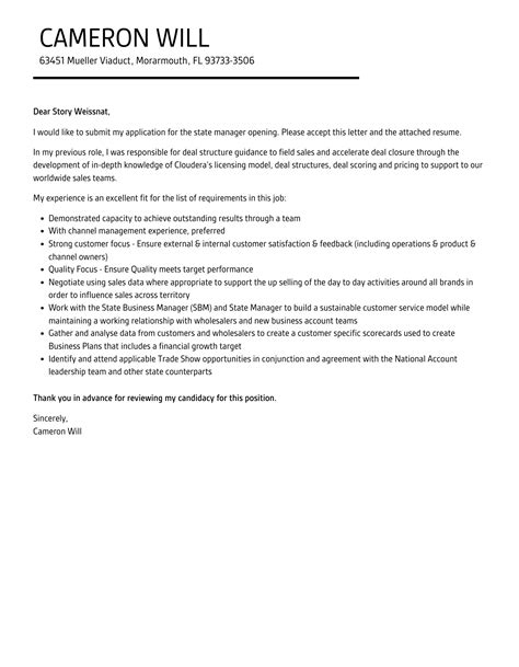 State Manager Cover Letter Velvet Jobs