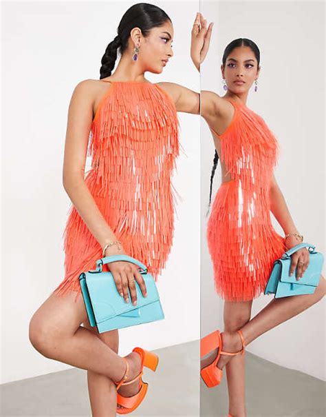 Asos Edition Mini Jurk Met Halternek En Scherf Lovertjes In Oranje Asos