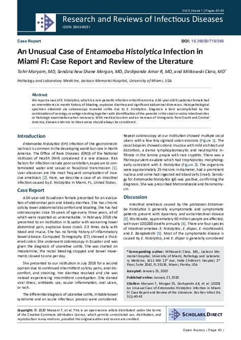 Pdf An Unusual Case Of Entamoeba Histolytica Infection In Miami Fl