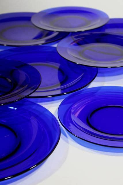 Vintage Cobalt Blue Glass Dishes Set For Four Duralex Rivage Swirl