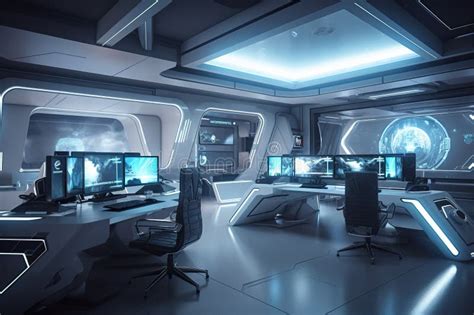 Generative Ai Of A Futuristic Interior Of A Control Room Or Office Stock Illustration