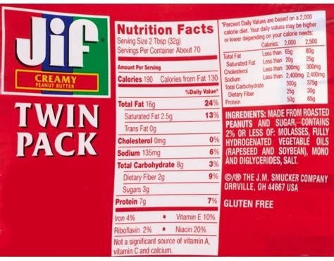 Jif Natural Peanut Butter Nutrition Facts Label Pensandpieces