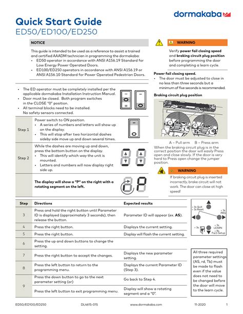 Dormakaba Ed100 Series High Traffic Automatic Door Operator Instruction