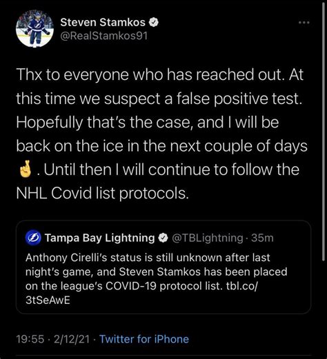 It Appears That Stamkos May Be On Protocol Due To A False Positive R