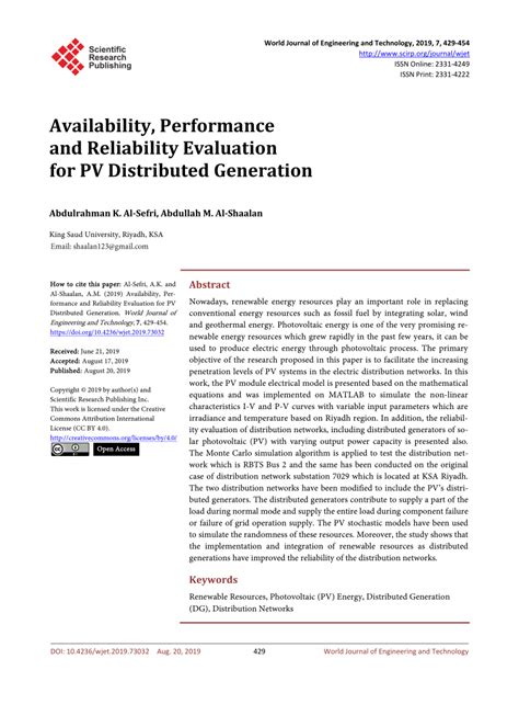 Pdf Availability Performance And Reliability Evaluation For Pv Distributed Generation