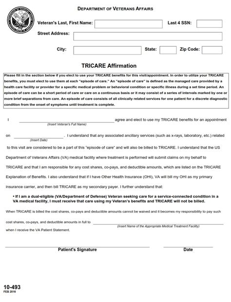 Va Form 10 493 Tricare Affirmation Va Forms