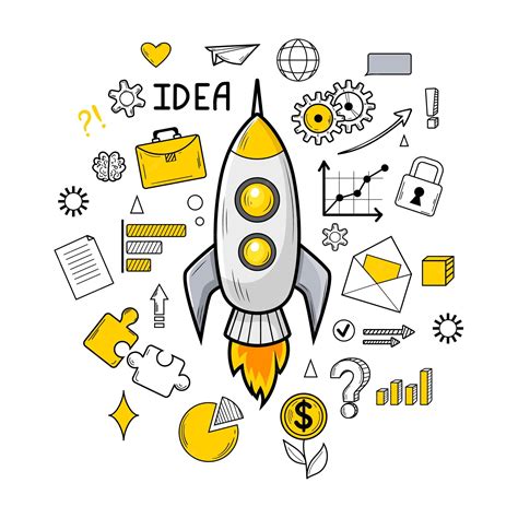 새로운 아이디어 성공 비즈니스 시작 개념 다이어그램 차트 마케팅 인포그래픽 전략 계획의 라인 아이콘이 있는 비즈니스 로켓 시작 기술 개념 벡터 그림 라인 아트 스케치