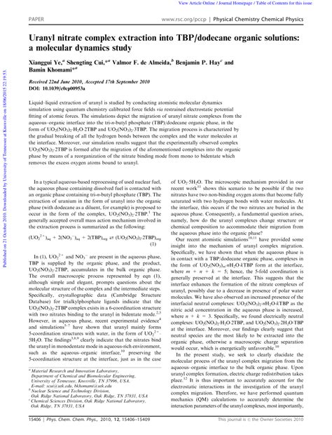 Pdf Uranyl Nitrate Complex Extraction Into Tbpdodecane Organic Solutions A Molecular