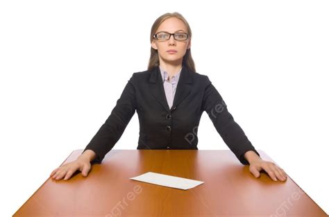 Female Employee Sitting At Long Table Isolated On White Photo
