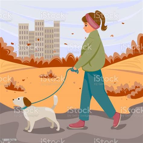 가을 공원에서 목줄에 개와 함께 걷고 재킷소녀 벡터 그림입니다 11월에 대한 스톡 벡터 아트 및 기타 이미지 11월 10월