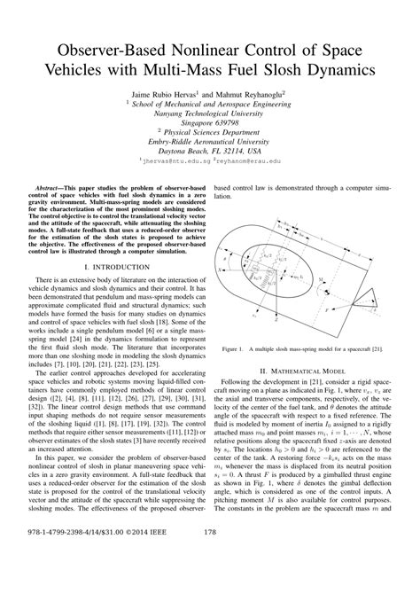 Pdf Observer Based Nonlinear Control Of Space Vehicles With Multi Mass Fuel Slosh Dynamics