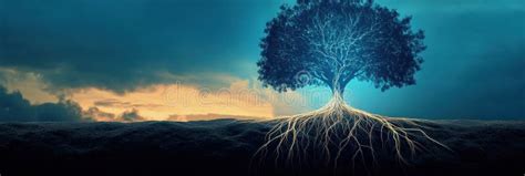 Roots Of A Tree Mimicking Neural Network Structure Symbolizes Organic Intelligence In A Serene
