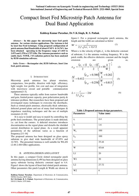 Pdf Compact Inset Fed Microstrip Patch Antenna For Dual Band Application