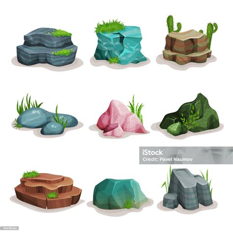 石頭設置 石與草 自然風景的設計項目白色背景上的向量插圖向量圖形及更多卡通圖片 卡通 大自然 天氣 Istock