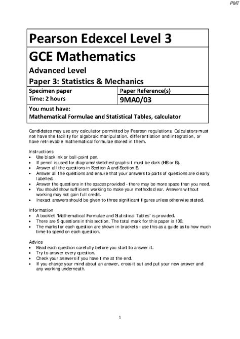 Specimen Qp Paper 3 Mech And Stats Pearson Edexcel Level 3 Gce Mathematics Advanced Level