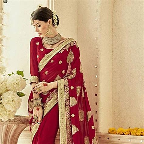 Red Saree With Golden Border
