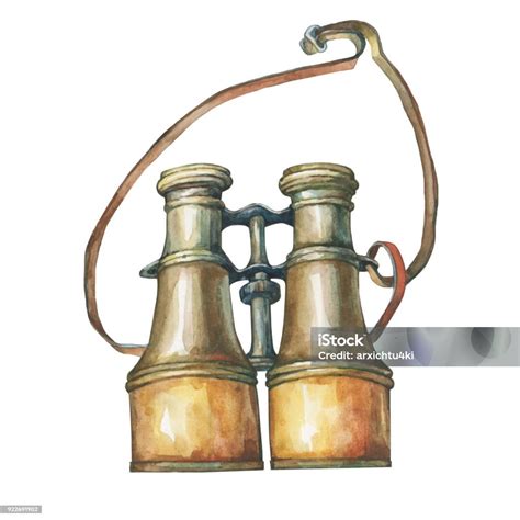 오래 된 바다 쌍안경의 그림입니다 핸드는 흰색 바탕에 수채화 그림을 그려 수채화에 대한 스톡 벡터 아트 및 기타 이미지 수채화 쌍안경 캠핑 Istock