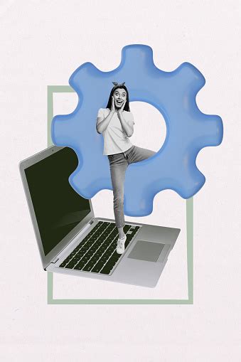 합성 밑그림 디자인 삽화 3d 사진 콜라주 아가씨 흥분하는 대 Netbook 컴퓨터 가상 기술 먼 톱니바퀴 기계장치 20 24