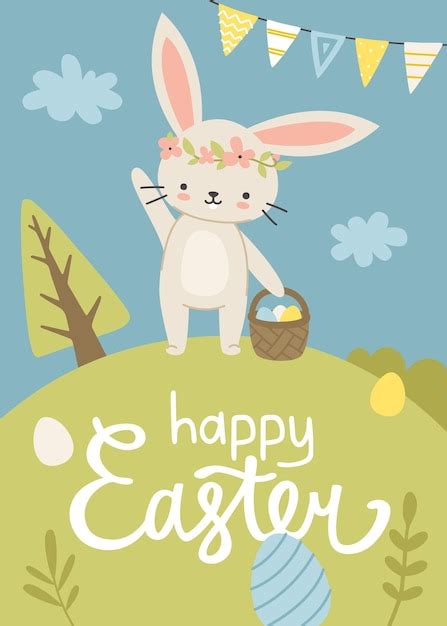 Premium Vector Easter Bunny With Basket On Lawn Eggs Hunting Easter
