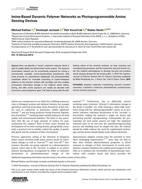 Pdf Imine‐based Dynamic Polymer Networks As Photoprogrammable Amine
