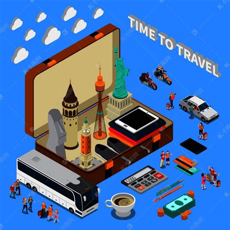 蓝色背景下的旅行等距构图，手提箱、游客、金钱、移动设备、车辆矢量图中的地标。素材图片免费下载 千库网