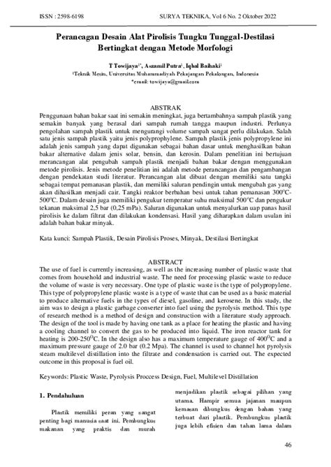 Pdf Perancagan Desain Alat Pirolisis Tungku Tunggal Destilasi Bertingkat Dengan Metode Morfologi