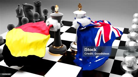 벨기에 오스트레일리아 위기 충돌 충돌 과 국가 플래그와 체스 게임에 의해 상징 무역 거래 또는 지배를 목표로 그 두 나라 사이의 논쟁 3d 일러스트 3차원 형태에 대한 스톡