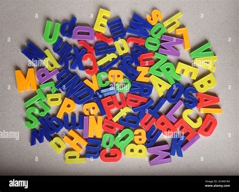 Magnetic Letters Of The British Alphabet In Random Position Stock Photo