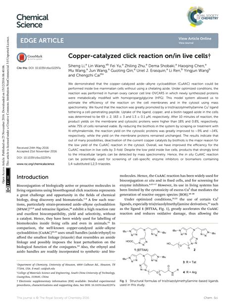Pdf Copper Catalyzed Click Reaction On In Live Cells