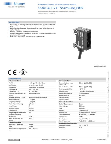 Baumer O Gl Pv T Cv E F Datasheet Manualzz