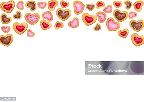 하트 모양의 쿠키로 만든 가로 테두리 수채화 손으로 그린 프레임 카드 초대장 포스터 배너 메뉴 발렌타인 데이 생일 어린이 회 0명에 대한 스톡 벡터 아트 및 기타 이미지