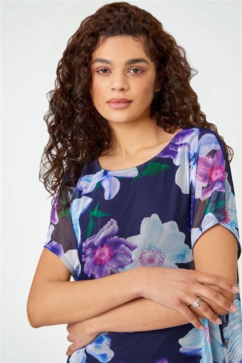 Navy Floral Print Mesh Overlay Top Roman Uk