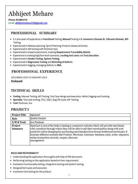 Manual Testing Resume Pdf