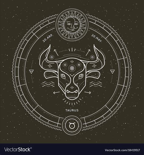 Vintage Thin Line Taurus Zodiac Sign Label Retro Vector Image