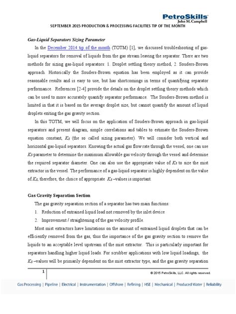 Sep 2015 Gas Liquid Separators Sizing Parameter J Campbell Pdf Pdf Drop Liquid Gases