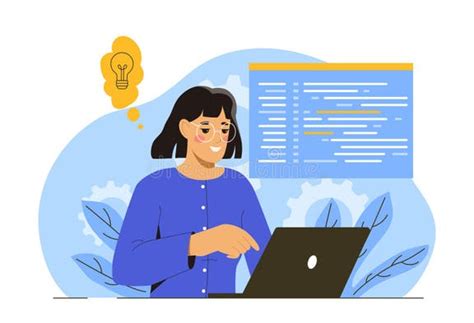 Female Developer Coding At Laptop Desk Vector Illustration Stock