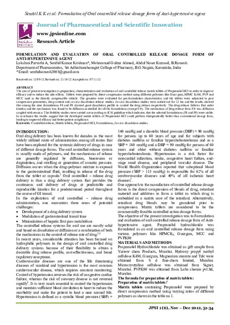 Pdf Formulation And Evaluation Of Oral Controlled Release Dosage Forms Antihyperternsive Agents
